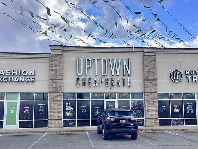 Those festive pennants dancing overhead add a carnival atmosphere to this trendy spot where fashion meets frugality beautifully.