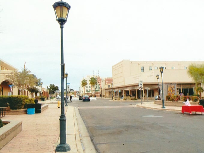 Classic streetlamps stand guard over Yuma's revitalized downtown, where history meets modern comfort under endless sunshine.
