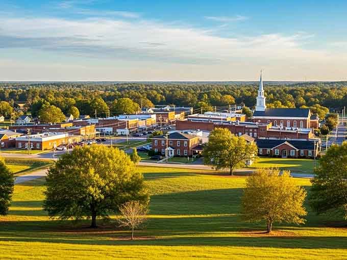 This aerial view reveals a college town where church steeples and green spaces outnumber the traffic lights considerably.