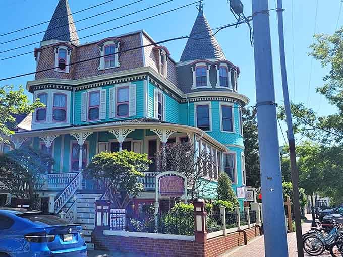 This turquoise Victorian mansion with its towers and gingerbread trim looks like a fairy tale came to life.