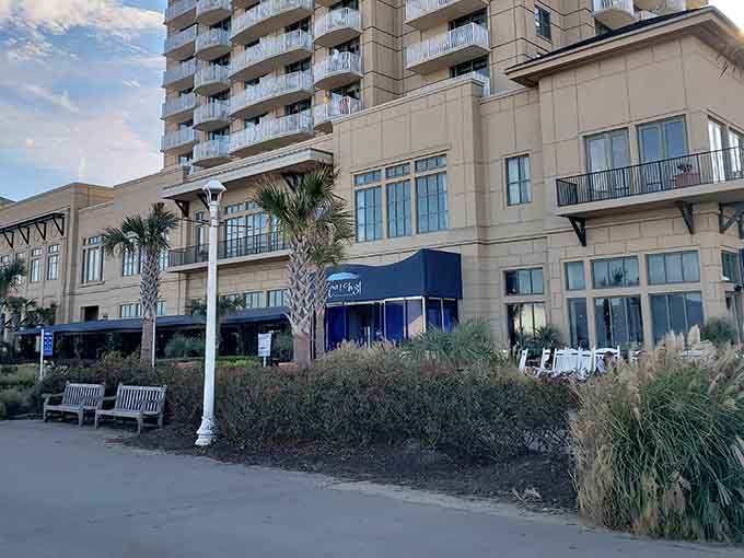 Palm trees frame this upscale retreat like nature's own welcome committee, inviting you to coastal culinary excellence.