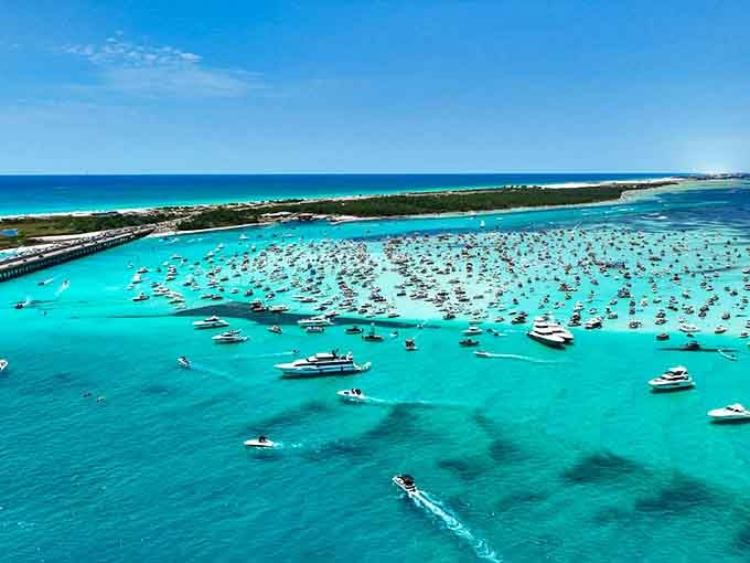 From above, the sandbar party looks like a nautical parking lot in the most beautiful shade of blue.