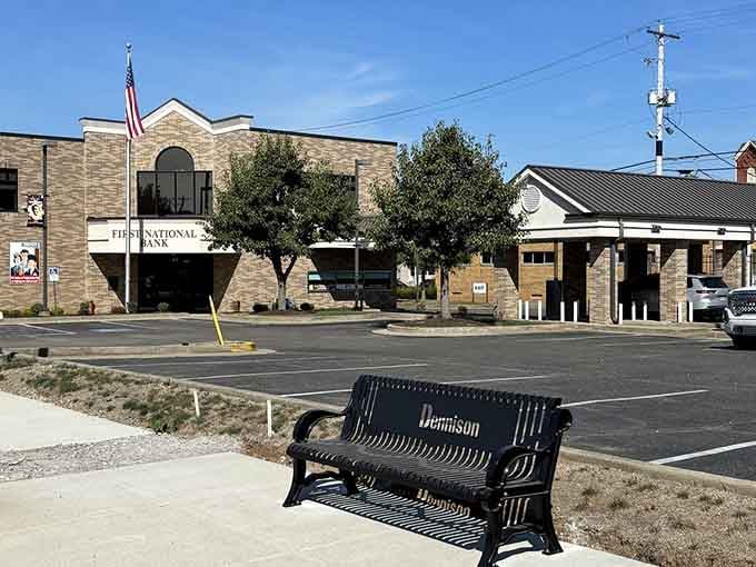 That handsome bench invites you to sit, rest your feet, and watch small-town life unfold at its own pace.