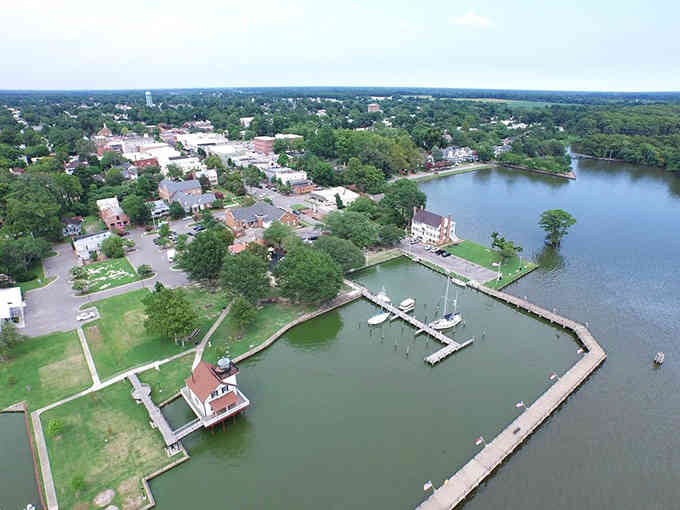 From above, this waterfront town reveals its perfect blend of historic charm and natural coastal beauty.