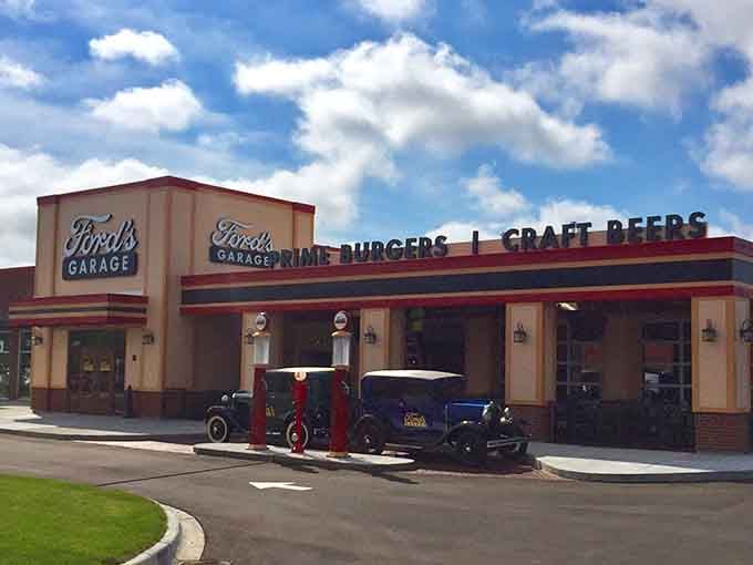 Classic cars and old-fashioned gas pumps set the stage for burgers that would make Henry Ford himself proud.
