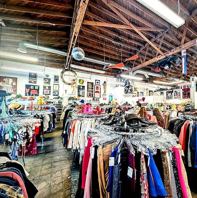 The exposed beams and industrial ceiling give this place serious character, like shopping in a movie set warehouse.
