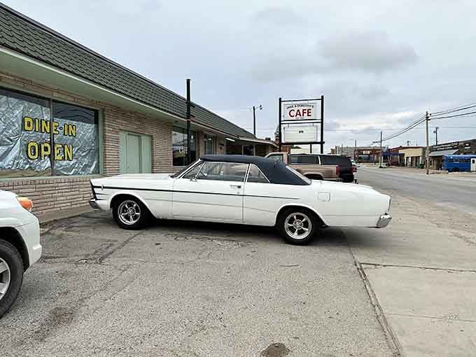 A classic white convertible parked outside adds vintage cool to an already timeless cafe experience in Stephenville.