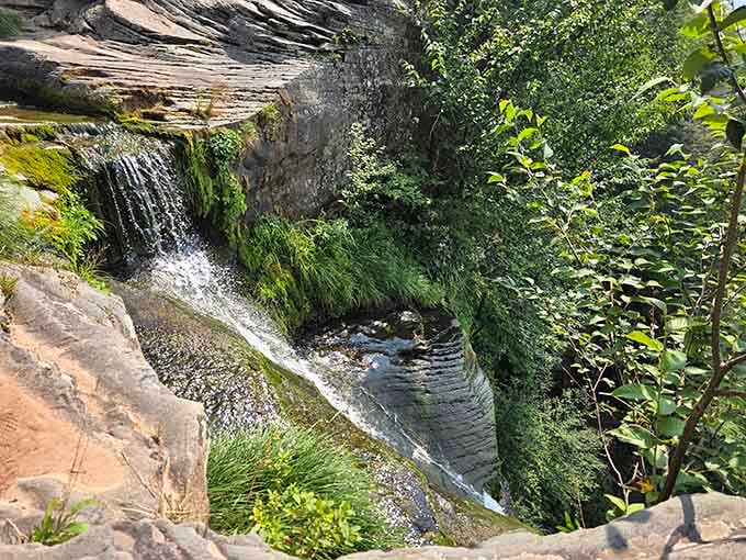 Water cascades over ancient rock ledges, creating nature's own staircase where ferns cling to every damp crevice and shadow dances.