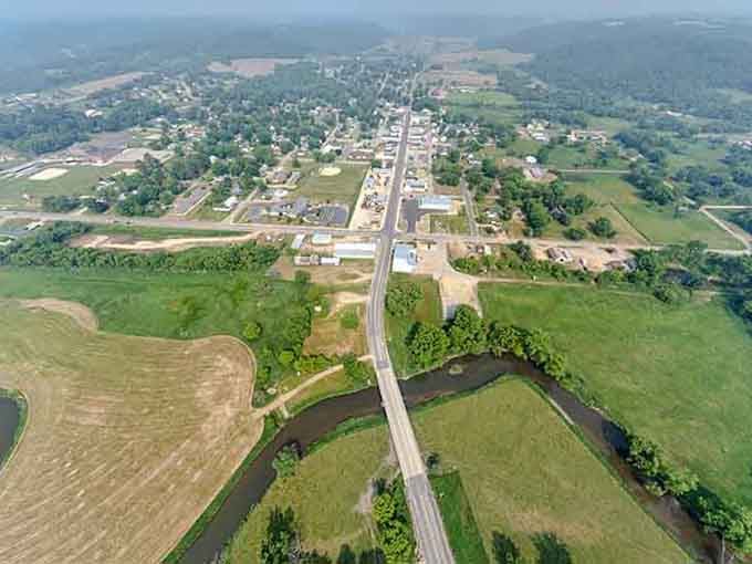 From above, this tiny town looks like a model railroad village nestled between fields that stretch to the horizon.