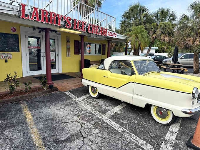 That vintage yellow-and-cream beauty parked outside isn't just for show&mdash;it's the perfect Instagram moment with your gelato cone.