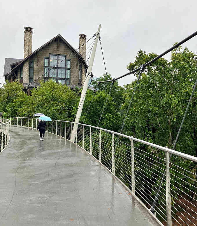 Rain-slicked walkways lead to architectural poetry, where modern design and rushing water create an urban oasis worth celebrating.