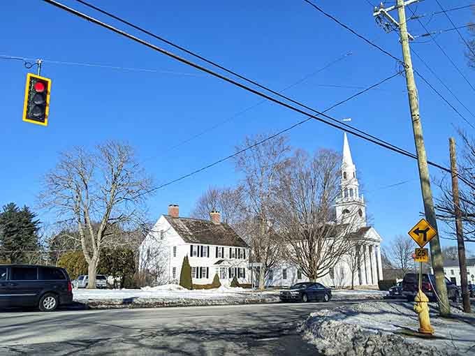 Winter's crisp beauty frames this pristine white church, making you want to grab hot cocoa and admire the view.