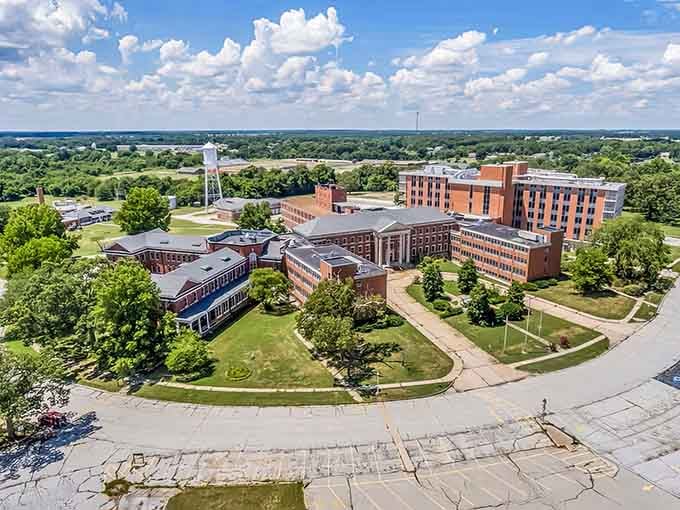 From above, the campus spreads across green lawns like an academic village nestled among Missouri's rolling hills and forests.