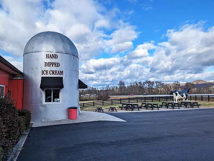 That gleaming silver silo promises hand-dipped happiness with mountain views as your dining room backdrop today.