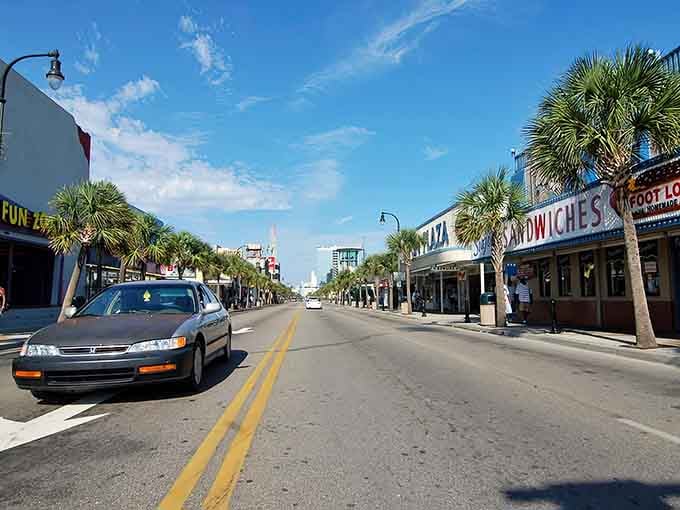 Wide open streets under blue skies invite you to explore every shop and sandwich joint in sight.