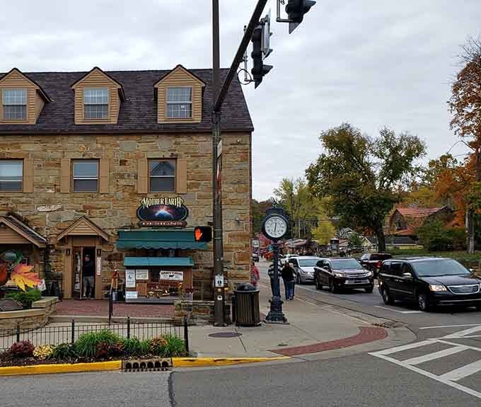 That corner clock and stone building anchor the street like they've been keeping time since your grandparents' first date.