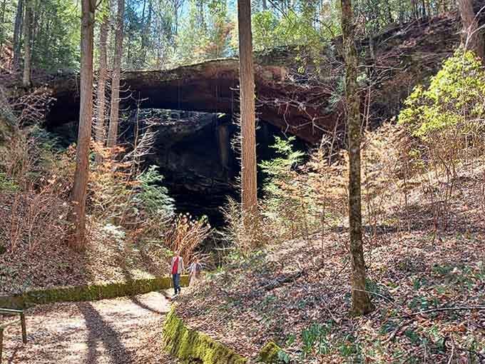 The natural bridge towers overhead like nature's own architectural masterpiece, carved by time and patience over countless millennia.