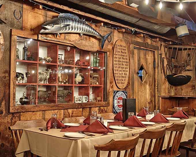 Inside, exposed beams and country collectibles create a warm atmosphere where hearty portions and friendly service reign supreme year-round.