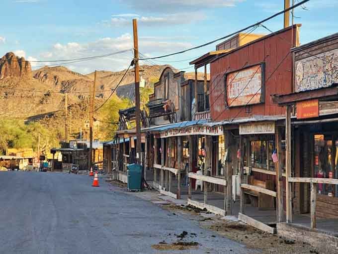 Morning light reveals wooden boardwalks and rustic facades that haven't changed much since miners walked these same streets.