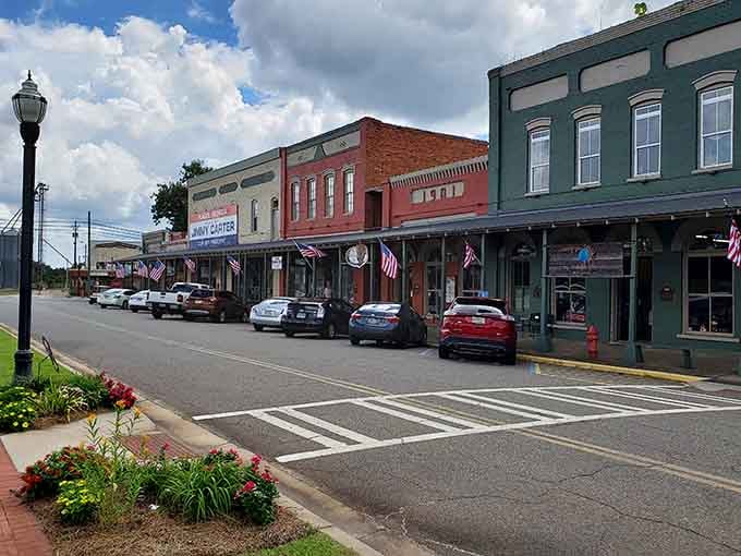 Those colorful storefronts with their classic awnings look like they're straight out of a Norman Rockwell painting.