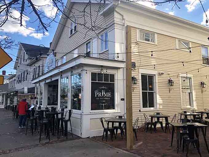 Charming outdoor seating on brick sidewalks turns a great steak dinner into a full New England experience.
