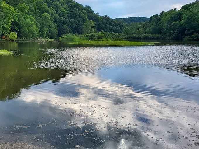 The mirror-like reflections of clouds on this calm water create a scene so peaceful it lowers your blood pressure.