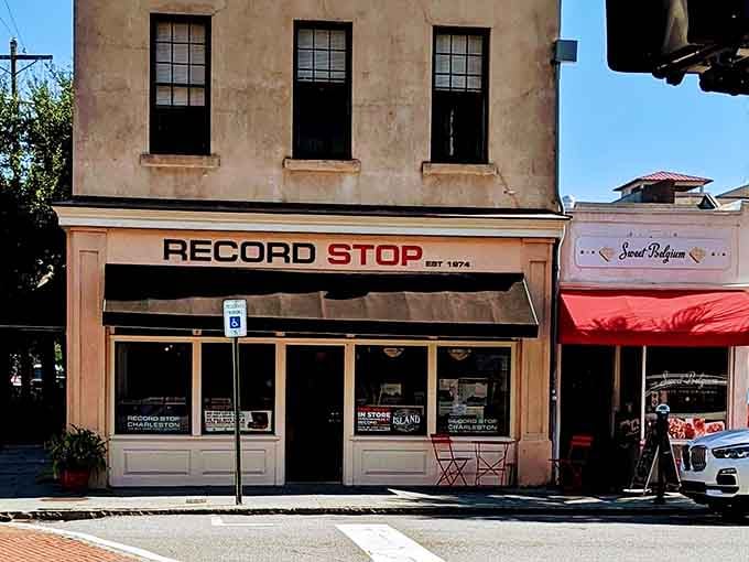 That classic architecture and palm tree combo create the perfect backdrop for your next vinyl hunting adventure today.