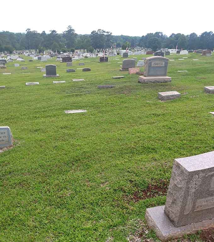 Rolling green hills dotted with monuments stretch toward distant pines, creating a surprisingly serene landscape of remembrance and reflection.