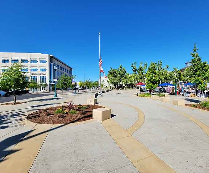 Wide pedestrian plazas and thoughtful landscaping create gathering spaces where neighbors actually stop to chat and connect.