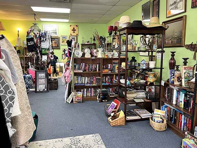 Bright green walls and neatly organized shelves transform secondhand shopping into a surprisingly delightful browsing experience for everyone.