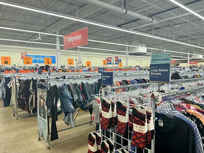 Organized aisles and clear signage prove that warehouse-scale thrifting doesn't mean chaos, just endless happy possibilities ahead.