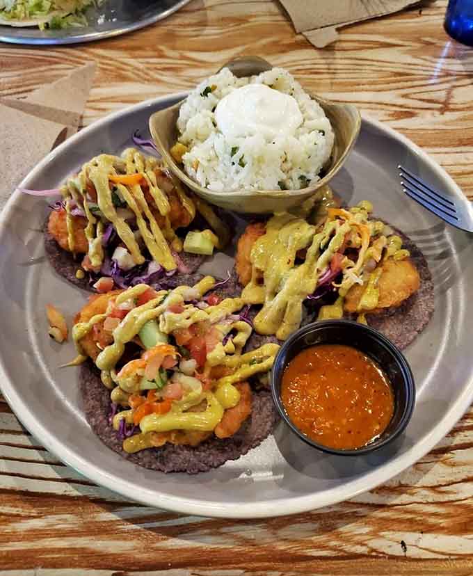 Shrimp tacos with that vibrant drizzle and fluffy rice prove seafood belongs in tortillas, no debate.