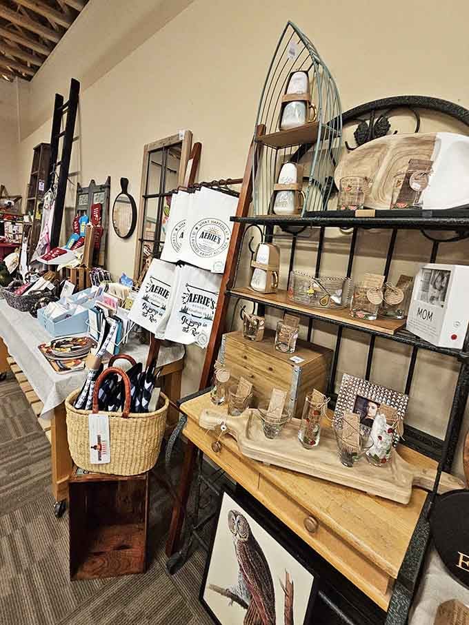 Rustic treasures and local finds fill shelves like a curated collection of river valley memories.