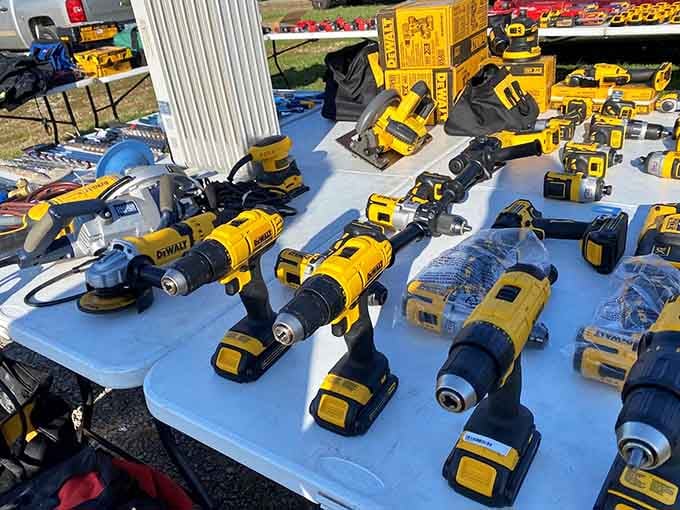 Power tools gleam on tables like a handyman's fever dream, ready to fix everything you've been ignoring for months.