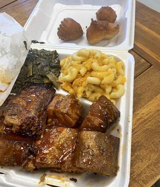 Rib tips glistening with sauce, mac and cheese that means business, this is comfort food at its finest.