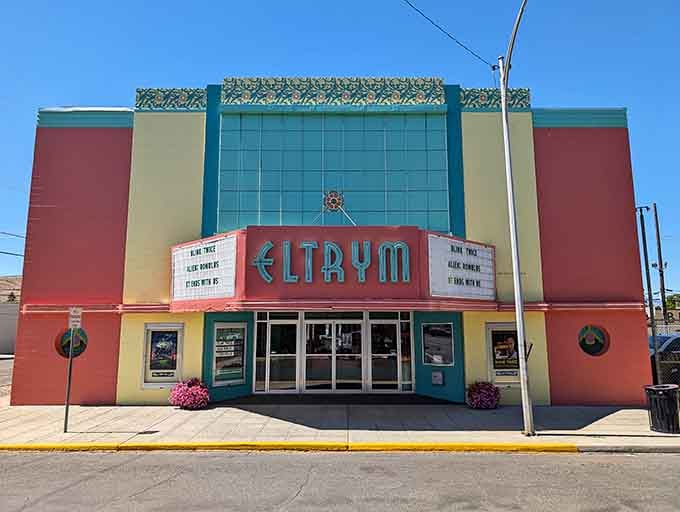 The Eltrym Theater's Art Deco facade is a technicolor dream, bringing classic cinema vibes to modern Baker City.