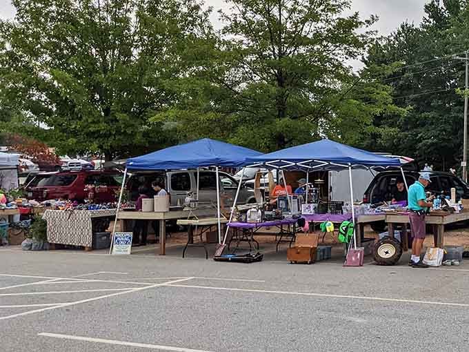 Visit the friendly outdoor vendors at Barnyard Flea Market to find unique goods under the shade of blue pop-up tents.