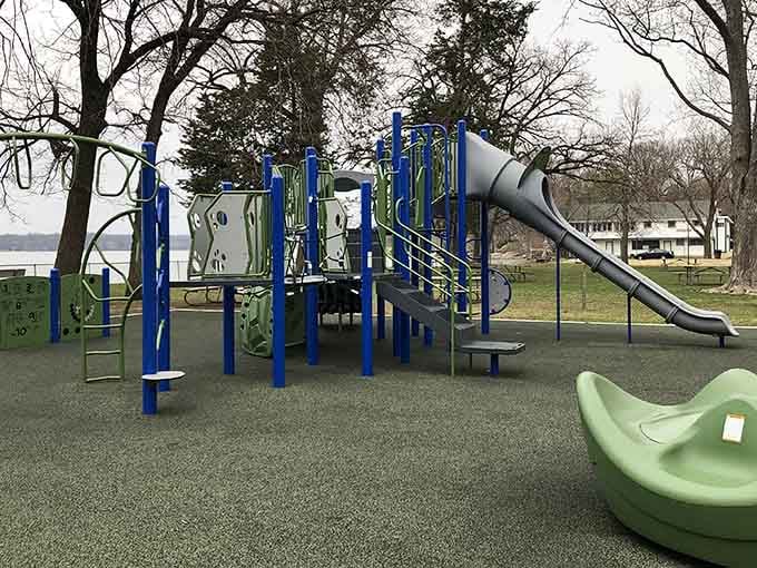 Modern playground equipment keeps the little ones entertained while you contemplate that second helping of potato salad nearby.