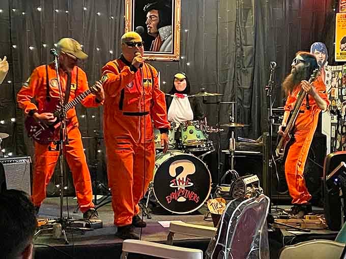 Orange jumpsuits and rock and roll energy prove this barbershop knows how to throw a party worth attending.