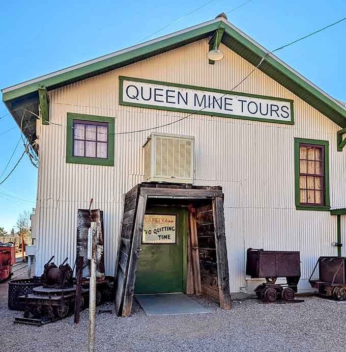 That unassuming building is your gateway to going 1,500 feet underground, hard hat and all.