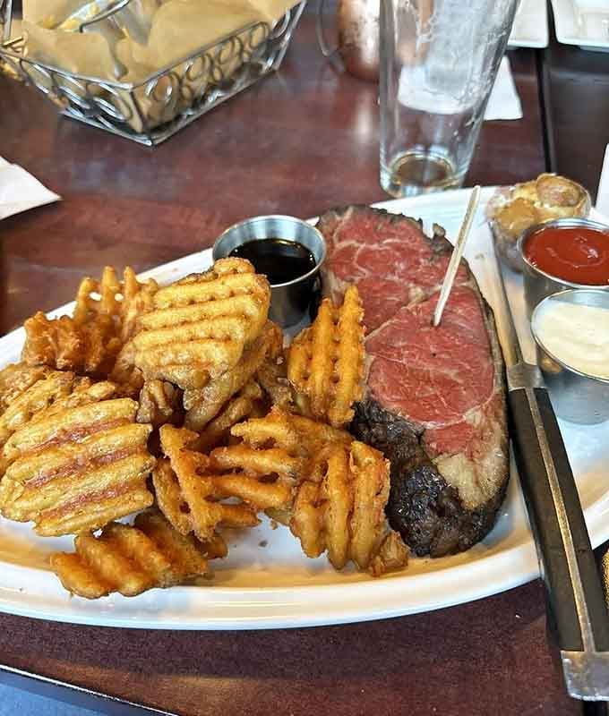 Prime rib sliced thick with waffle fries: this is what your taste buds have been waiting for all week.