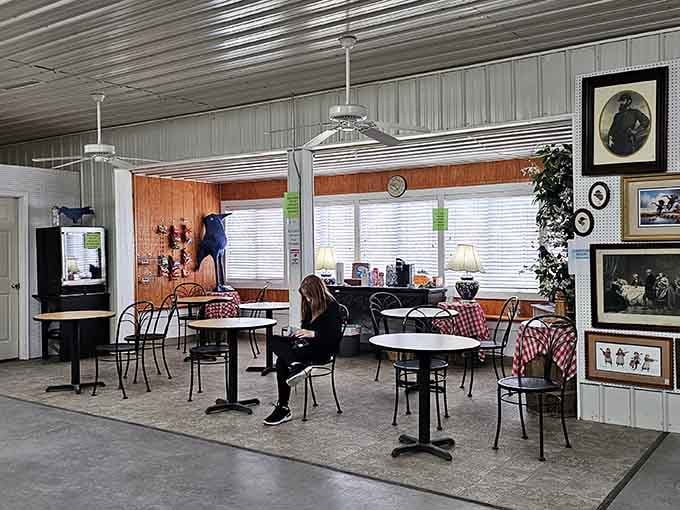 Even treasure hunters need a rest stop, and this cozy seating area offers the perfect browsing break.