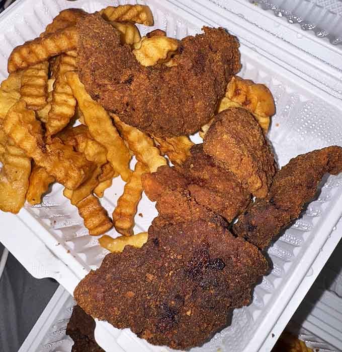 Golden chicken tenders and crinkle-cut fries: comfort food that doesn't require a fancy culinary degree to appreciate.
