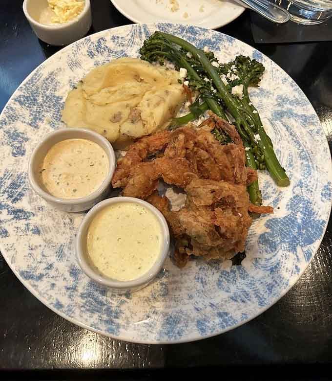 Soft shell crab with whipped potatoes and broccolini looks like something you'd find in a Charleston waterfront restaurant.