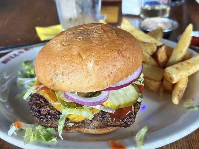 Half a pound of hormone-free Colorado beef on a custom Big Ben Brown Ale bun, pure burger excellence.