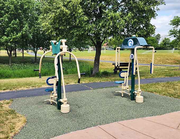 Outdoor gym equipment that lets adults pretend they're working out while really just watching the kids play.