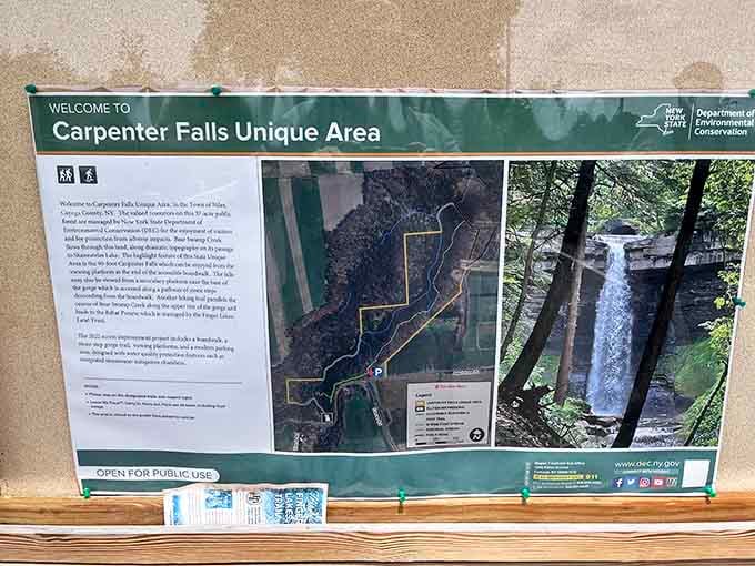 Trail maps that promise waterfalls and deliver: the kind of honest advertising we need more of in this world.