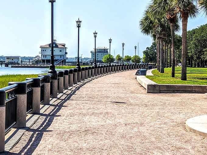 Waterfront Park's palmetto-lined promenade offers harbor views that make you understand why people never leave Charleston.