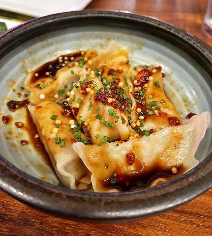 Delicate gyoza dumplings glisten with sauce and garnishes, looking almost too pretty to eat but tasting too good to resist.