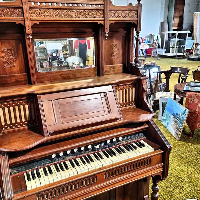 This ornate pump organ has stories to tell, probably involving Sunday services and off-key hymn singing.